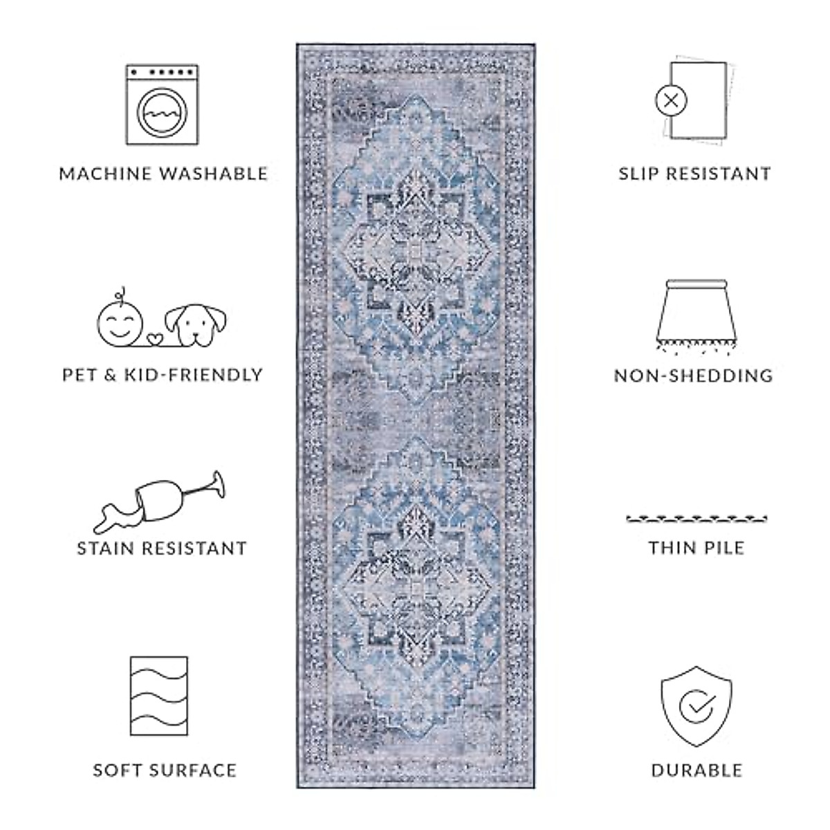SAFAVIEH Tucson Collection Runner Rug - 2'6" x 12', Blue & Charcoal, Persian Design, Non-Shedding Machine Washable & Slip Resistant Ideal for High Traffic Areas in Living Room, Bedroom (TSN137M)