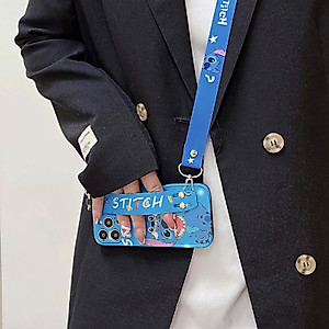 Hosiss Cartoon Case for iPhone 13 6.1'' with HD Screen Protector, Stitch Upgraded Wrist Strap Band Adjustable Lanyard TPU Shockproof Protective Phone Case for Women Girls