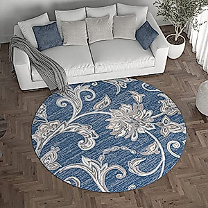Garland Transitional Floral Navy Round Area Rug, 5' Round