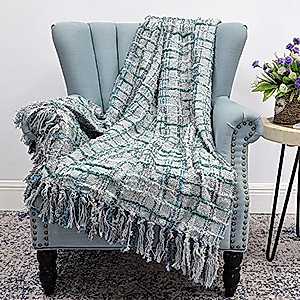 Bytide Multicolored Chenille Knitted Throw Soft Cozy Fluffy Reversible Boho Plaid Throw Blanket with Tassels for Couch Chair Bed Cover Living Room Bedroom Décor, 60" x 80", Grey Blue