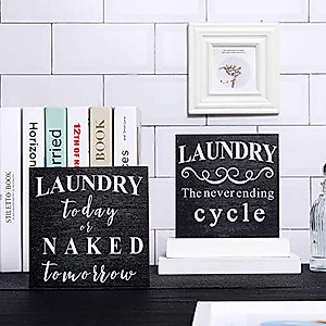 Yulejo 2 Pieces Farmhouse Laundry Room Decor and Accessories Laundry Box Sign Funny Laundry Room Signs Rustic The Never Ending Cycle Wood Box Sign for Home Bathroom Decoration, 6 x 6 Inch