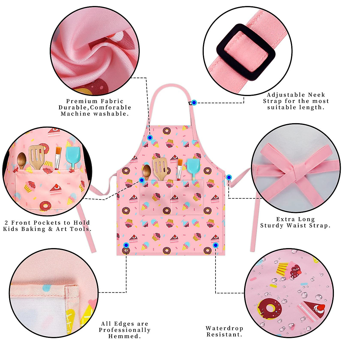 DEABOLAR Kids Aprons for Girls Toddler Donut Aprons with Pockets for Kids Cooking Baking Painting Crafting Art Gardening Adjustable, Machine Washable