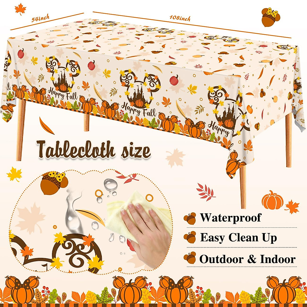 Happy Fall Mouse Tablecloths, Cute Fall Decorations for Home Fall Harvest Party Decor, 3pcs Plastic Mouse Pumpkin Table Covers, Waterproof Maple Leaf Dinner Table Cloth for Thanksgiving Party 108*54"