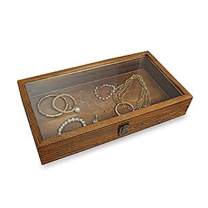 MOOCA Wood Glass Top Jewelry Display Case Accessories Storage, Wooden Jewelry Tray for Collectibles, Home Organization Box with Metal Clasp and Tempered Glass Top Lid, Brown