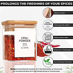 12 Pcs Square Glass Spice Jars with Natural Bamboo Lids - 5oz Airtight Herb Containers with 148 Waterproof Minimalist Spice Labels Preprinted - Empty Small Seasoning Jars for Kitchen Pantry Organization and Storage