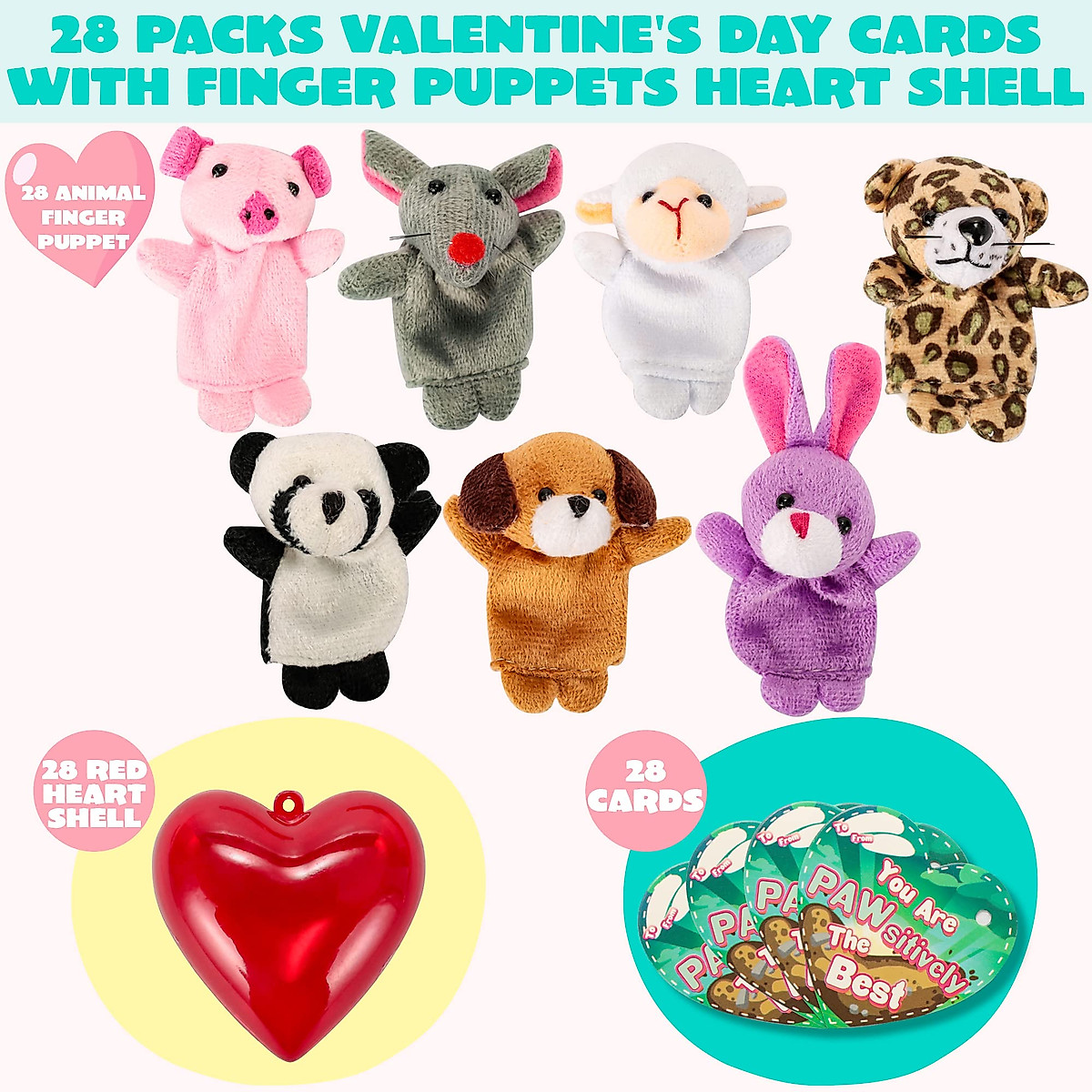 JOYIN 28 Packs Valentines Day Prefilled Hearts with Plush Animal Finger Puppet and Valentins Card for Kids Valentine Classroom Exchange, Valentine Party Favors, Gift Exchange, Game Prizes