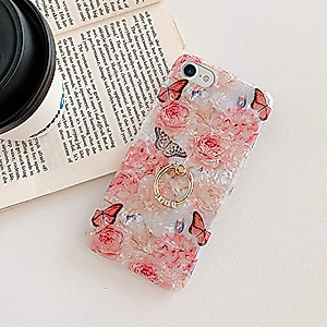 Qokey Compatible with iPhone SE Case 2022/2020,iPhone 8 Case,iPhone 7 Case 4.7 inch Flower Cute Fashion Cover for Women Girl 360 Degree Rotating Ring Kickstand Soft TPU Shockproof Cover Rose Butterfly