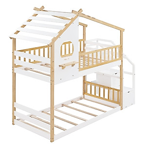 Stairway House Bunk Beds for Kids ,Floor Bunk Beds Twin Over Twin , Wood Bunk Beds with Storage Stairs , Toddlers Bunk Beds with Roof, Window for Girls, Boys , Natural Bed +White Stair