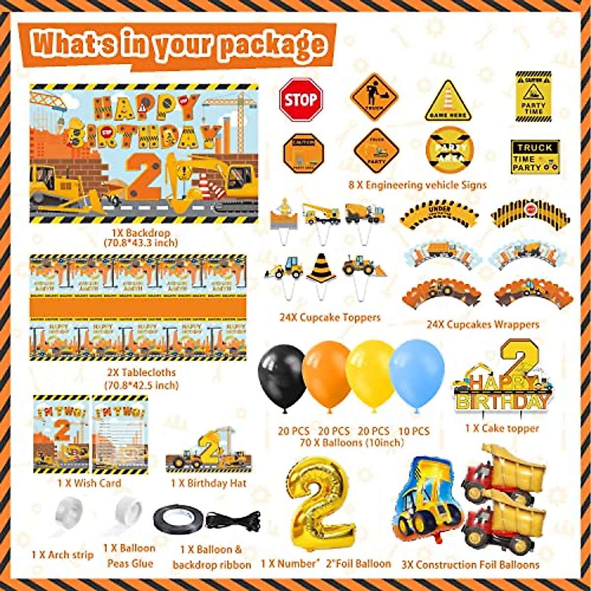 Mpanwen Construction Birthday Party Supplies for 2 Year Old Boy, 139 Pcs Dump Truck Party Decorations for Boys Baby - Backdrop, Balloons, Cupcakes Wrappers, Traffic Signs, Tablecloth, Crown and Poster