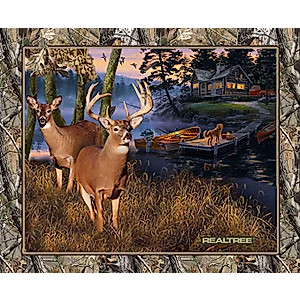Lakeside Sunset with Deer and Cabin On Hill Panel 36 X 44 Cotton Fabric