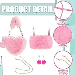3 Pcs Faux Fur Tank Top Fluffy Heart Handbag Fur Pom Pom Drop Earring Set Furry Purse Pink Crop Tops Gold Chainlink Dangling Earring for Women Girl