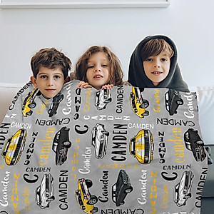 ZOTIMEF Custom Name Car Blanket for Kids - Multi-Fonts Names with Cars Theme Design - Personalized Soft Plush Flannel Blanket for Boys Girls Holidays Birthdays Gifts Grey & Yellow