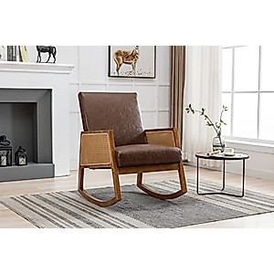 Haplized Brwon Leather Rocking Chair, Modern Rattan Armrests Accent Chair with Padded Seat and High Backrest, Comfy Rocker for Nursery, Living Room, Bedroom