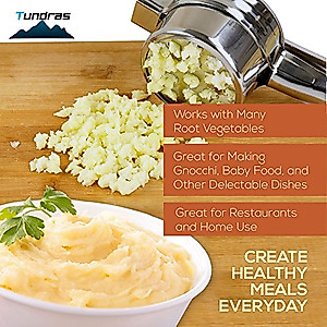 Stainless Steel Potato Ricer – Manual Masher for Potatoes, Fruits, Vegetables, Yams, Squash, Baby Food and More - 3 Interchangeable Discs for Fine, Medium, and Coarse, - Easy To Use - by Tundras
