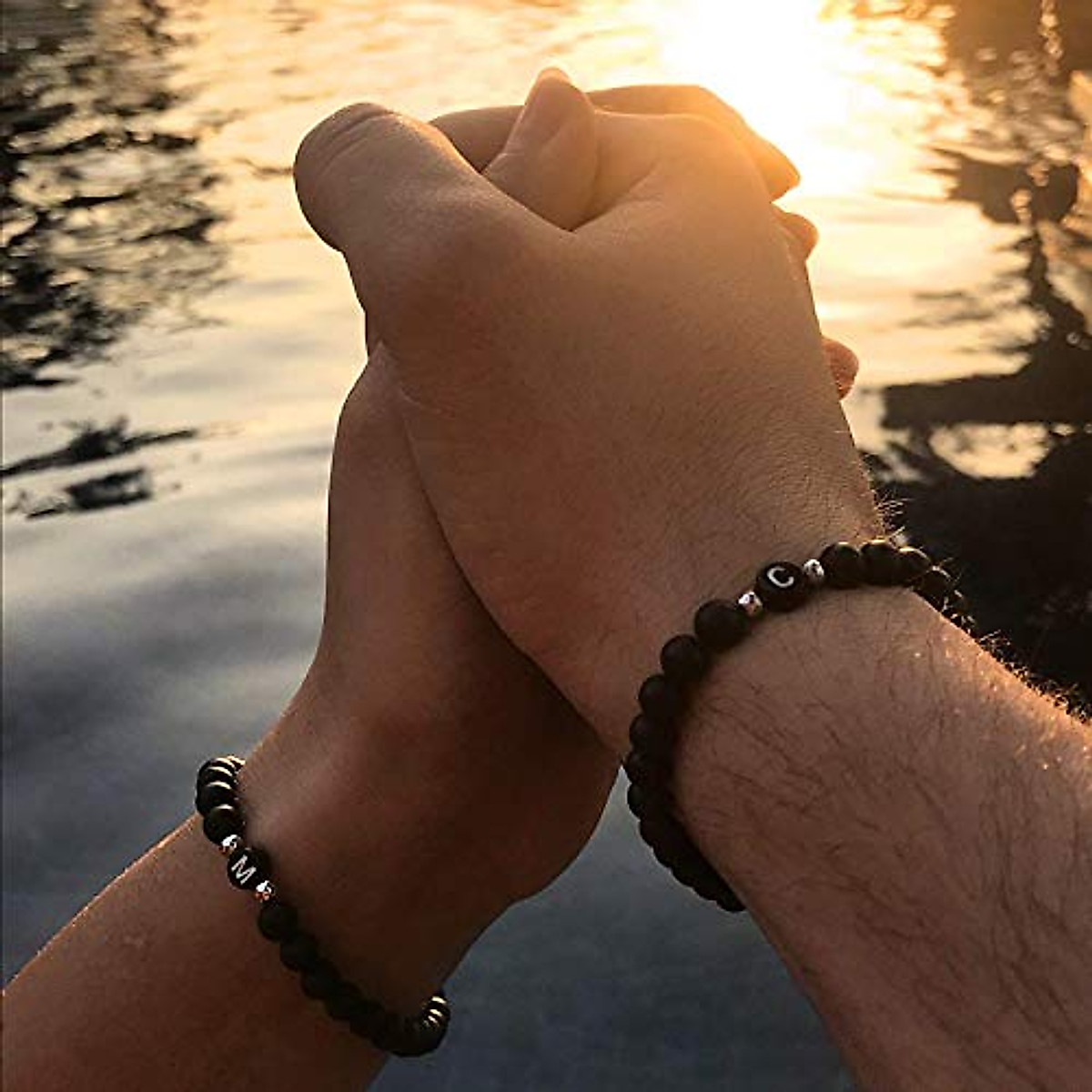 XIA YAN 6mm Black Onyx and White Howlite Handmade Letter Beads Bracelets for Women Men Initial Bracelets Gifts for Women Men (Couples Bracelets,Friendship bracelets)