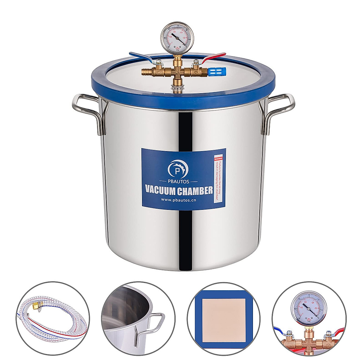 P PBAUTOS 5 Gallon Vacuum Chamber, Tempered Glass Lid Stainless Steel Degassing Chamber Perfect for Stabilizing Wood, Degassing Silicones, Epoxies and Essential Oils