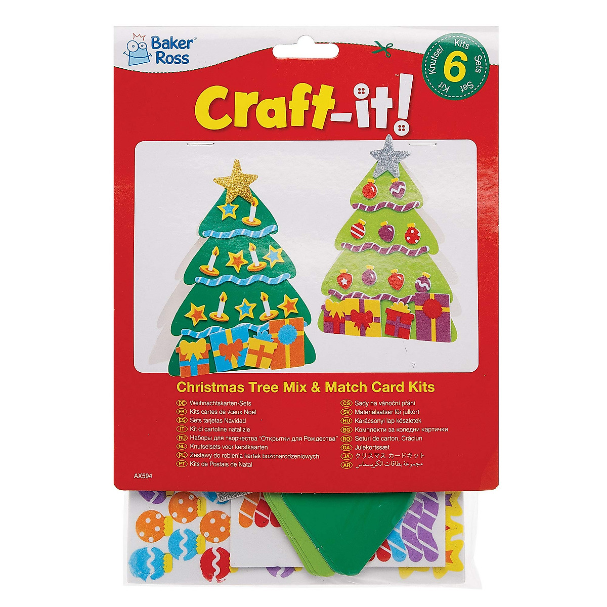 Baker Ross AX594 Christmas Tree Mix & Match Card Kits - Pack of 6, Personalize Your Own Festive Cards, Arts and Crafts for Kids