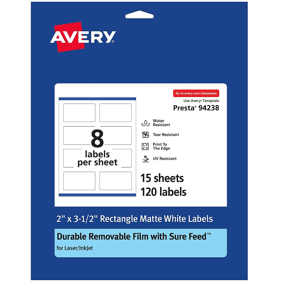 Avery Durable Removable Rectangle Labels with Sure Feed Technology, 2" x 3.5", Matte White Film, Water-Resistant, Print-to-The-Edge, Laser/Pigment-Based Inkjet Printable, 120 Removable Labels Total