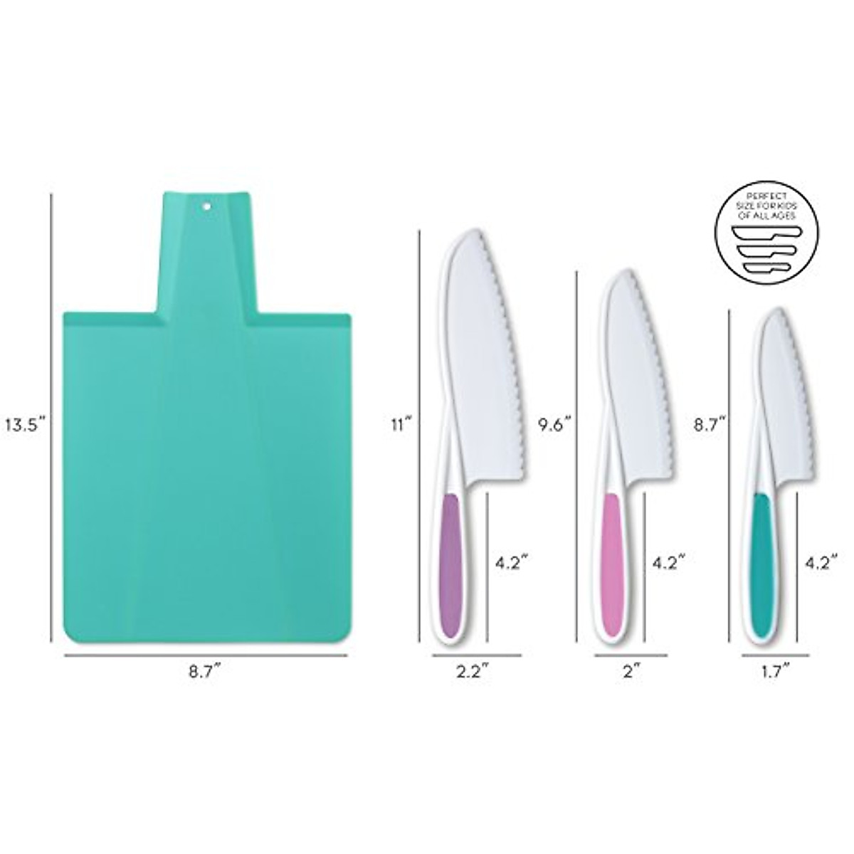 TOVLA JR. Kids Kitchen Knife and Foldable Cutting Board Set: Children's Cooking Knives in 3 Sizes & Colors/Firm Grip, Serrated Edges, BPA-Free Kids' Knives/Safe Lettuce and Salad Knives… (Blue)