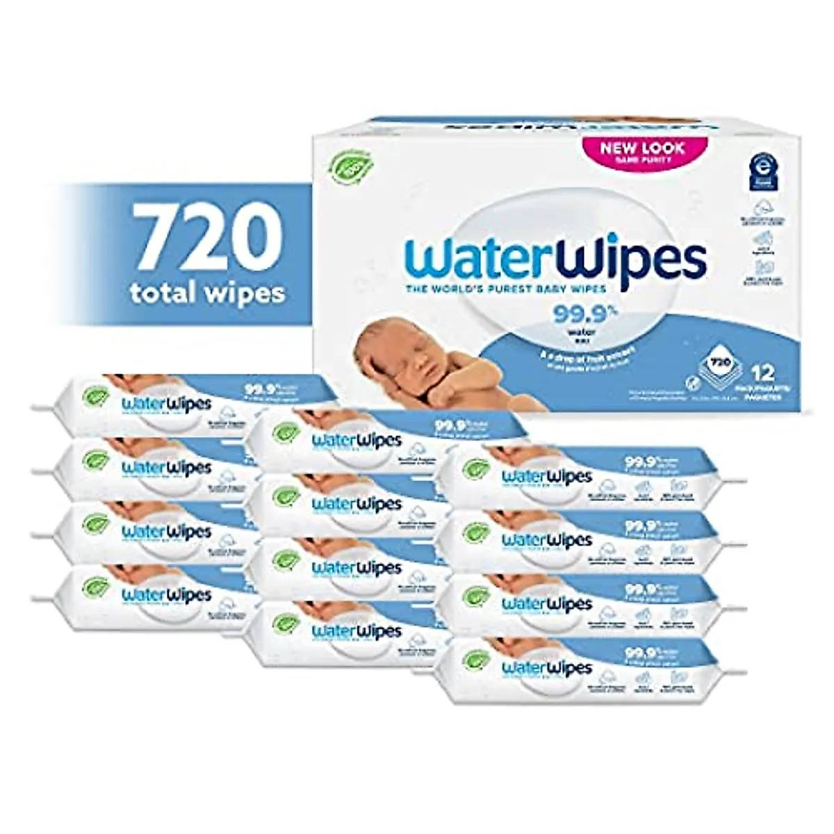 WaterWipes Plastic-Free Original Baby Wipes, 99.9% Water Based Wipes, Unscented & Hypoallergenic for Sensitive Skin, 720 Count (Pack of 12), Packaging May Vary