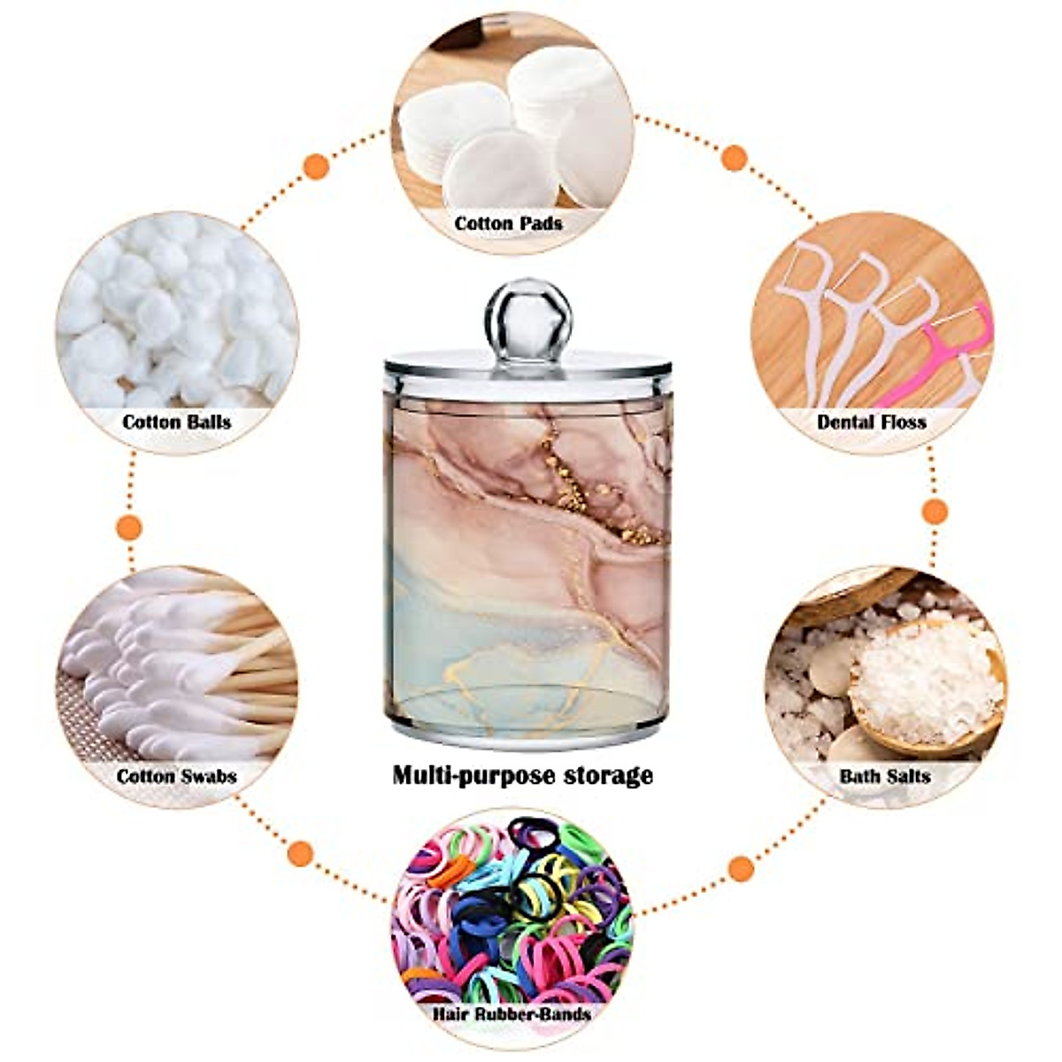 Kigai Gold Pink Marble Texture Qtip Holder Dispenser with Lids 2PCS -Bathroom Storage Organizer Set, Clear Apothecary Jars Food Storage Containers, for Tea, Coffee, Cotton Ball, Floss