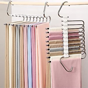 Pants Hangers Space Saving [Upgrade] Collapsible Pants Hangers Multifunctional Pants Rack Hanger for Closet Trousers Scarf Jeans Slack 9 Tier Pants Hanger with 5 Extra Clothes Hangers (1 Pc)
