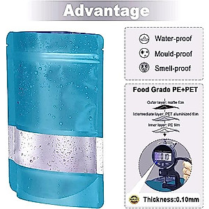 ODDIER 5.5"x7.8" 120pcs Smell Proof Mylar Bags for Food Storage, Stand-up Resealable Mylar Bags Food Storage Bags with Clear Window, Foil Pouch Stand-up Bags for Food Self Sealing Storage（Blue ）