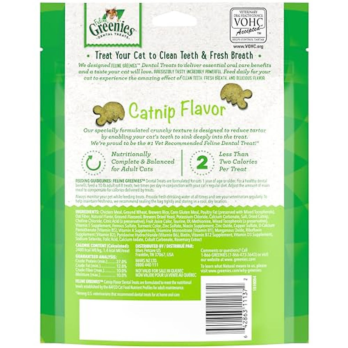 Greenies Feline Adult Natural Dental Care Cat Treats, Catnip Flavor, 4.6 oz. Pouch