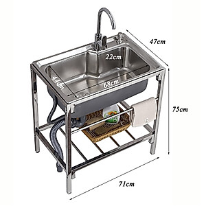 Single Bowl Stainless Steel Sink Free Standing Commercial Restaurant Kitchen Sink with Faucet Utility Washing Hand Basin Laundry Tub for Indoor Outdoor, 28x18.5x29.5inch