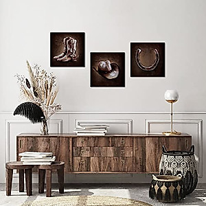 AtGoWac 3 Piece Cowboy Decor Wall Art American Western Wall Decor Cowboy Painting Men's Bedroom Living Room Decor Artwork Framed Ready to Hang 12x12inchx3 Pieces