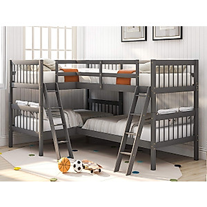 P PURLOVE Twin Over Twin Bunk Bed, L-Shaped Twin Size Bunk Bed Frame Wood Slat Support No Box Spring Needed (Gray)