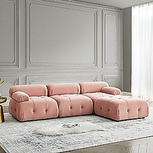 FAVSH L-Shaped Couch with Reversible Ottoman,Modular Sectional Sofa with Button Tufted and Free Combination for Living Apartment,Office,Teddy Fabric,Pink