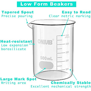 ONiLAB Glass Measuring Beaker Set 50ml 100ml 250ml 500ml 1000ml(Pack of 5) 3.3 Boro Griffin Low Form with Printed Graduation Scientific Glassware for Laboratories, Classrooms or Home Use