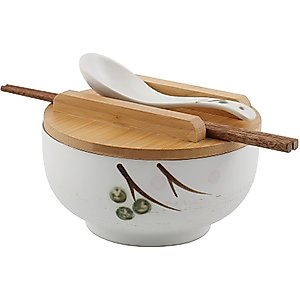 Yeking Japanese Vintage Noodle Bowl with Lid Spoon Black Ceramic Ramen Bowl Hand Drawn Rice Bowl Retro Tableware Noodle Bowl 6.5 inch, A
