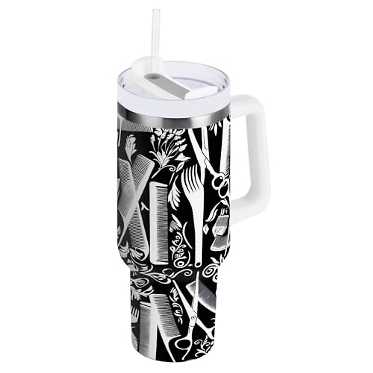 RPLIFE Hairdressing Tools Black 40oz Tumbler with Handle, Stainless Steel Coffee Tumbler, Insulated Water Bottle with Straw