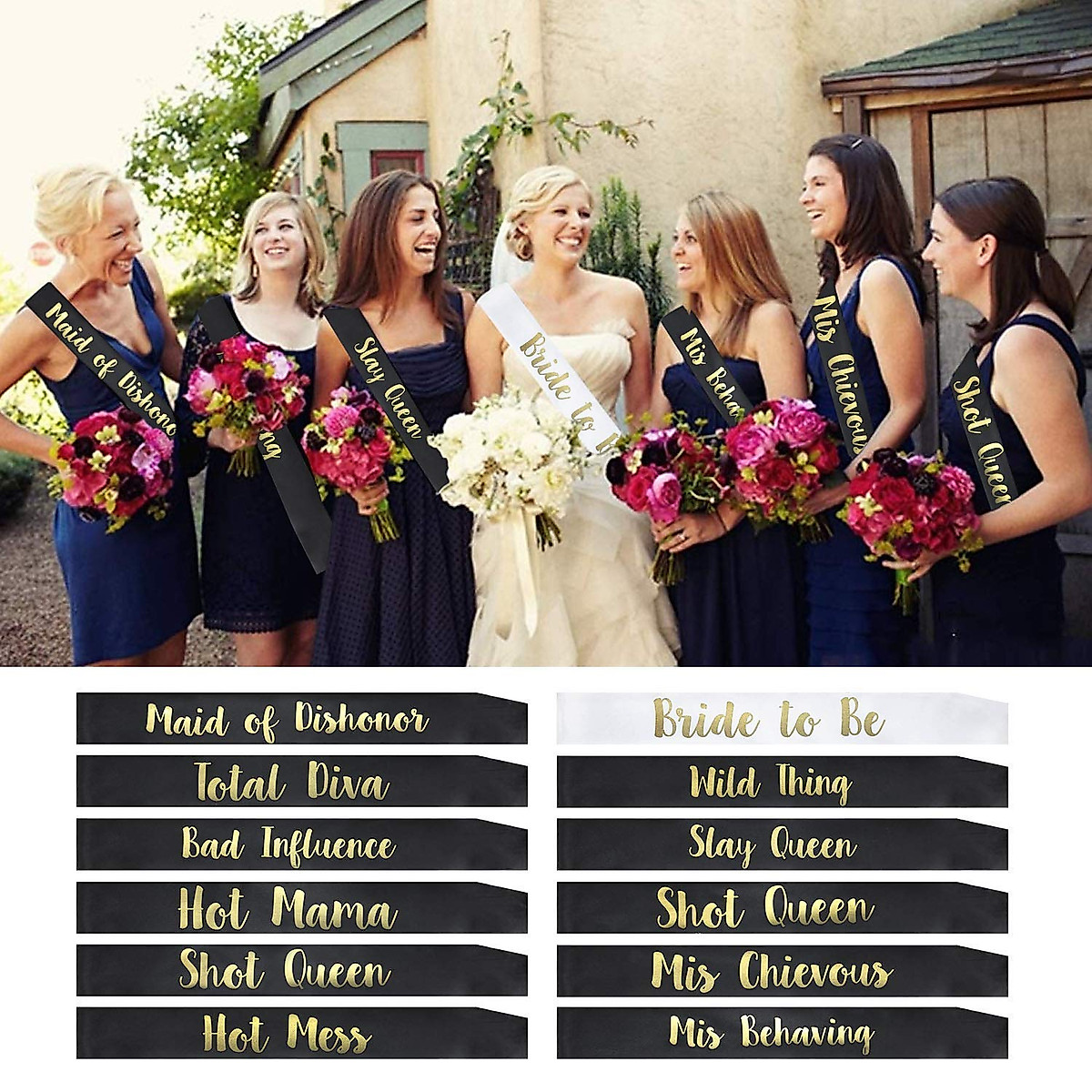OULANAO YZDING 12 Pcs Bride To Be Sash Bachelorette Party Decorations- Unique Bride And Bridesmaid Sashes For Bachelorette party (Black, Gold letters)