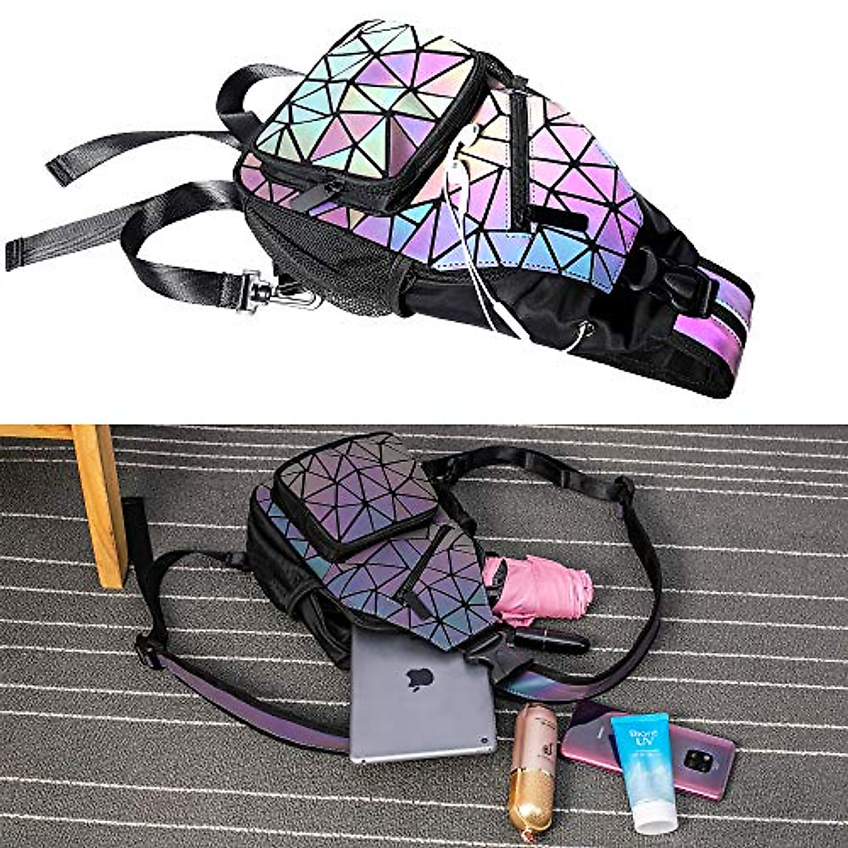 Geometric Luminous Backpacks Holographic Reflective Bag Lumikay Purse Irredescent Crossbody Bag Prism Sling Bag for Women Men NO.2