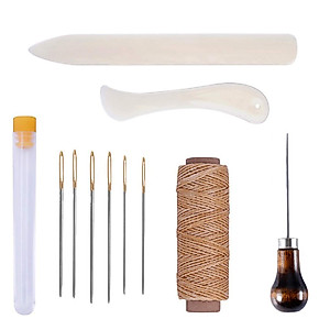11 Pieces Bookbinding Kit Starter Tools Set Bone Folder Paper Creaser, Waxed Thread, Awl, Large-Eye Needles for DIY Bookbinding Crafts and Sewing Supplies