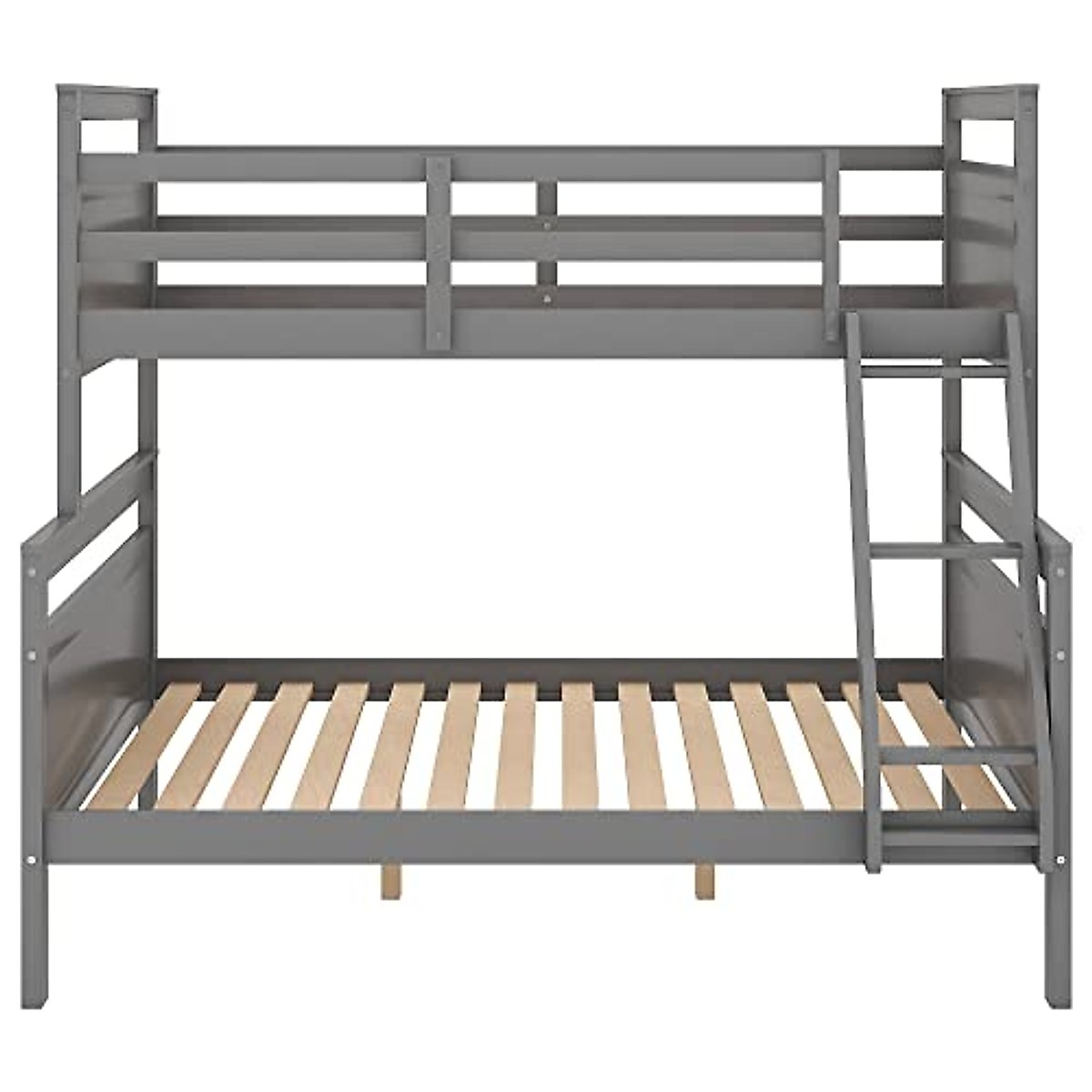 Ochangqi Twin Over Full Bunk Bed Frame with Ladder, Solid Wood Bunk Beds Loft Bed Frame Twin Over Full Size with Guardrail, Can Be Separated Into Twin/Full Size Bed, No Box Spring Needed (Gray)