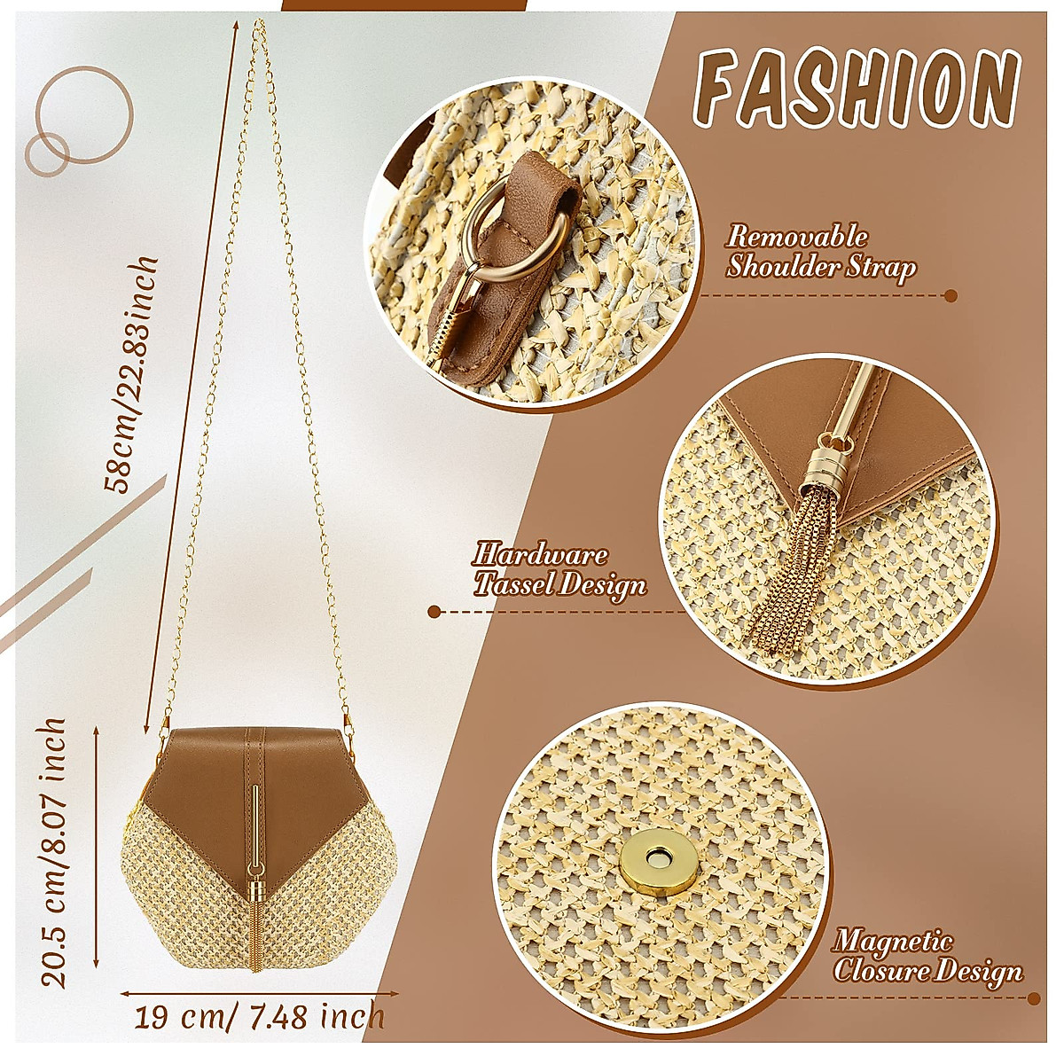 2 Pieces Straw Bag Straw Purse for Women Cute Crossbody Shoulder Bag Boho Woven Summer Vacation Beach Purse Hex Shape Straw Rattan PU Handbag Clutch (White, Brown)