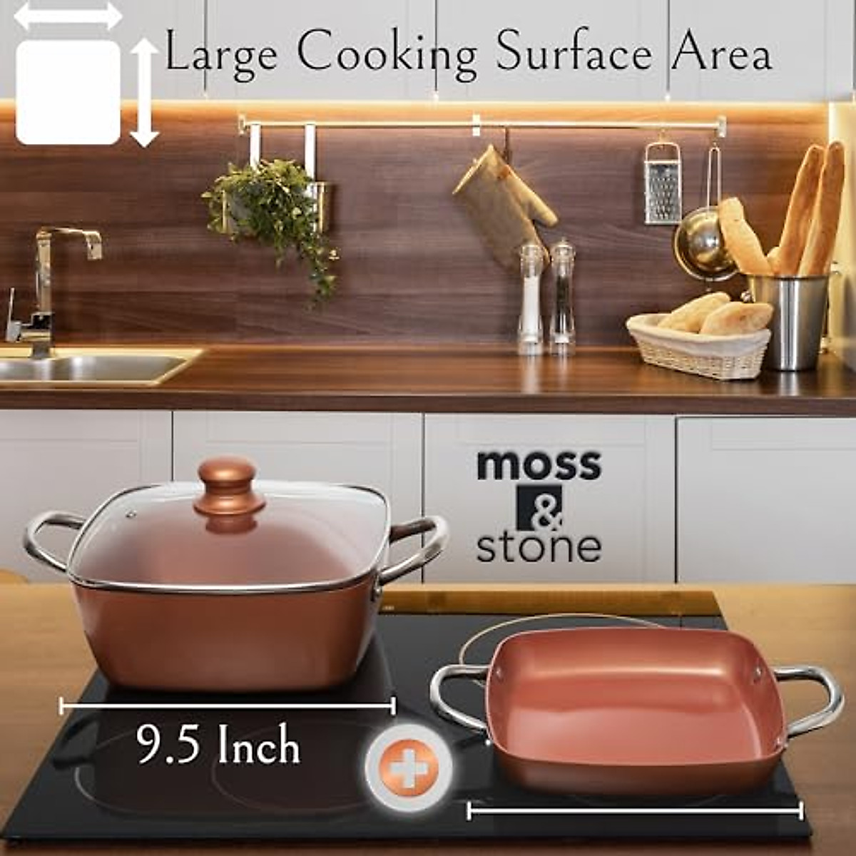 Moss & Stone Copper 6 Piece Set Chef Cookware, Non Stick Pan, Deep Square Pan, Fry Basket, Steamer Tray, Dishwasher & Oven Safe, 5 Quart Copper Pot Set, Copper Induction Cookware Set
