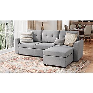 LINSY HOME Rubik III 3 Seats Sofa Set, Deep Seat Modular Sectional Sofa, Modern Sofa Couch with Storage Seats & Removable Cover, 3 Seater with 1 Ottoman Convertible Sofa, Light Grey, L Shaped