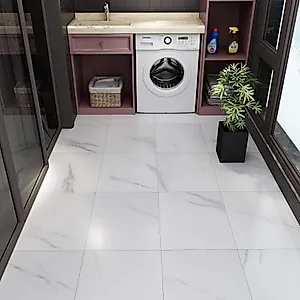 Livelynine White Peel and Stick Floor Tile 16pcs 12X12 Inch Stick on Floor Tiles Bathroom Vinyl Flooring Peel and Stick Tile Floor Stickers Kitchen Bedroom Renter Friendly Laminate Flooring Waterproof