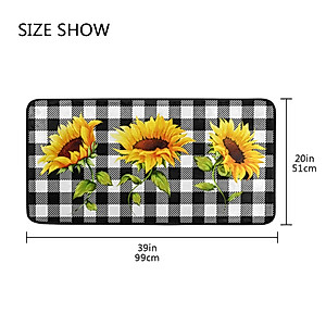 Black Buffalo Plaid Kitchen Rugs Non Slip Sunflower Kitchen Floor Mats Cushioned Kitchen Mats and Rugs Washable Anti Fatigue Mats for Laundry Sink Standing Office Home Decor - 39x20 in