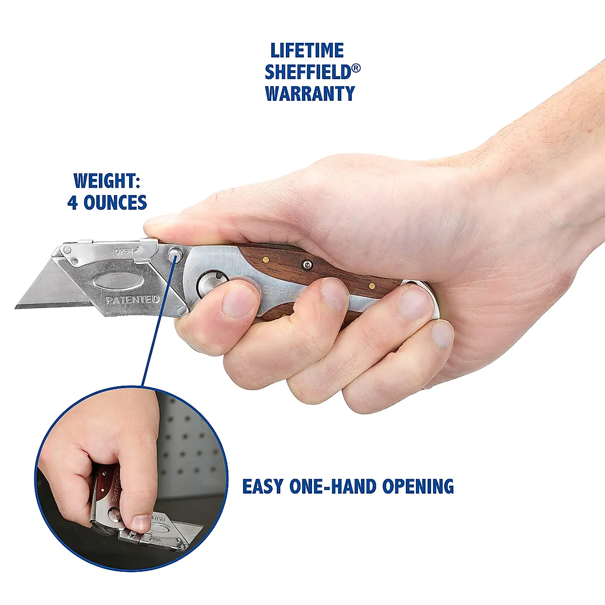 Sheffield 12525 Premium Lock Back Utility Knife 2 Pack, Box Cutter Knife, Carpet Knife, Drywall Cutter, Quick Change Blade, Aluminum And Wood Handle, Wood, Silver