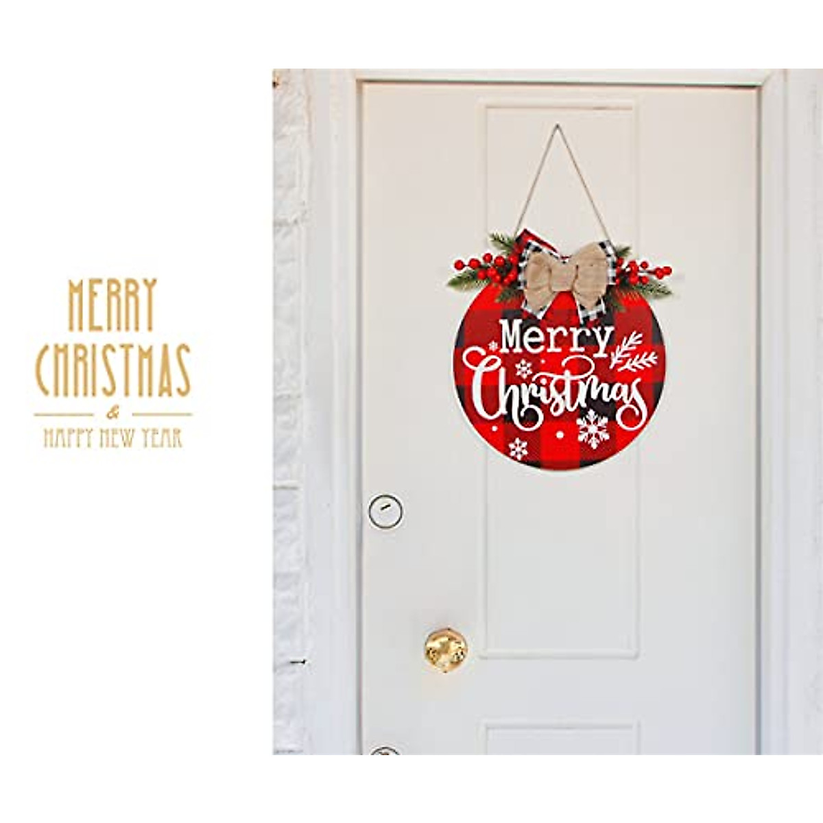 Boltigen Merry Christmas Decorations Sign Front Door Round Wooden Wreath Christmas Hanging Sign Decor for Christmas Home Window Wall Farmhouse Indoor Outdoor Decorations (Style 1)