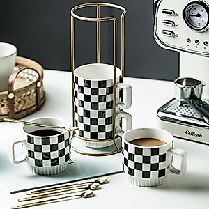 Miamolo Stackable Coffee Mug Set of 4 with Rack 11 oz Tea Cup Set with Tea Spoon Perfect for Coffee, Tea, Cocoa, Milk Chessboard Black and White Pattern Coffee Mug as Christmas Gifts