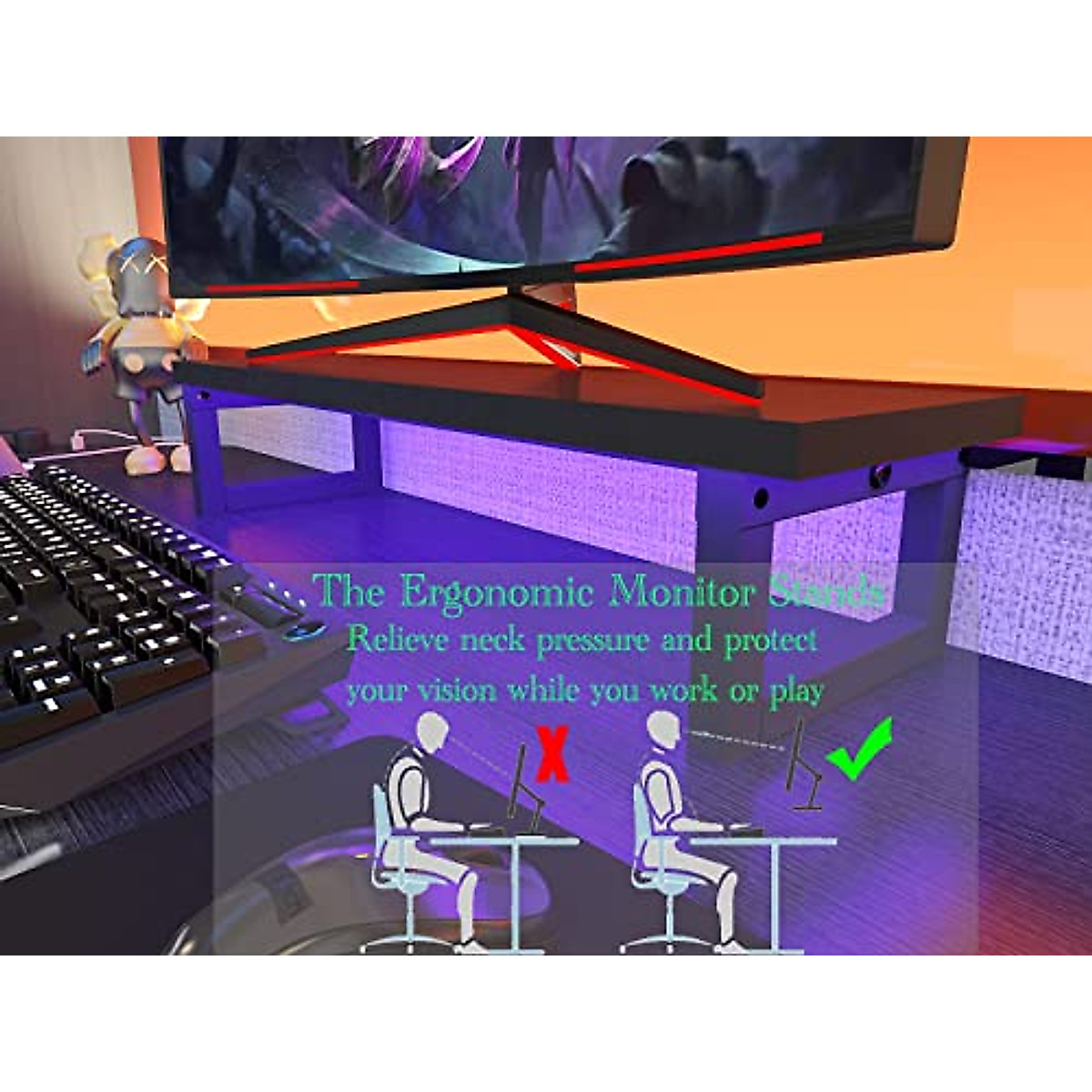 SZXKT L Shaped Computer Desk with Monitor Stand and Power Outlets,Gaming Desk with Storage Shelf and LED Lights,Home Office Reversible Corner with Hooks (Black)