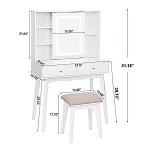 BEWISHOME Vanity Desk with Mirror and Lights, Makeup Vanity with Lights, White, Makeup Desk with 3 Color Lighting, Vanity Table with Cabinet & 2 Drawers, Dressing Table Makeup Table FST15M