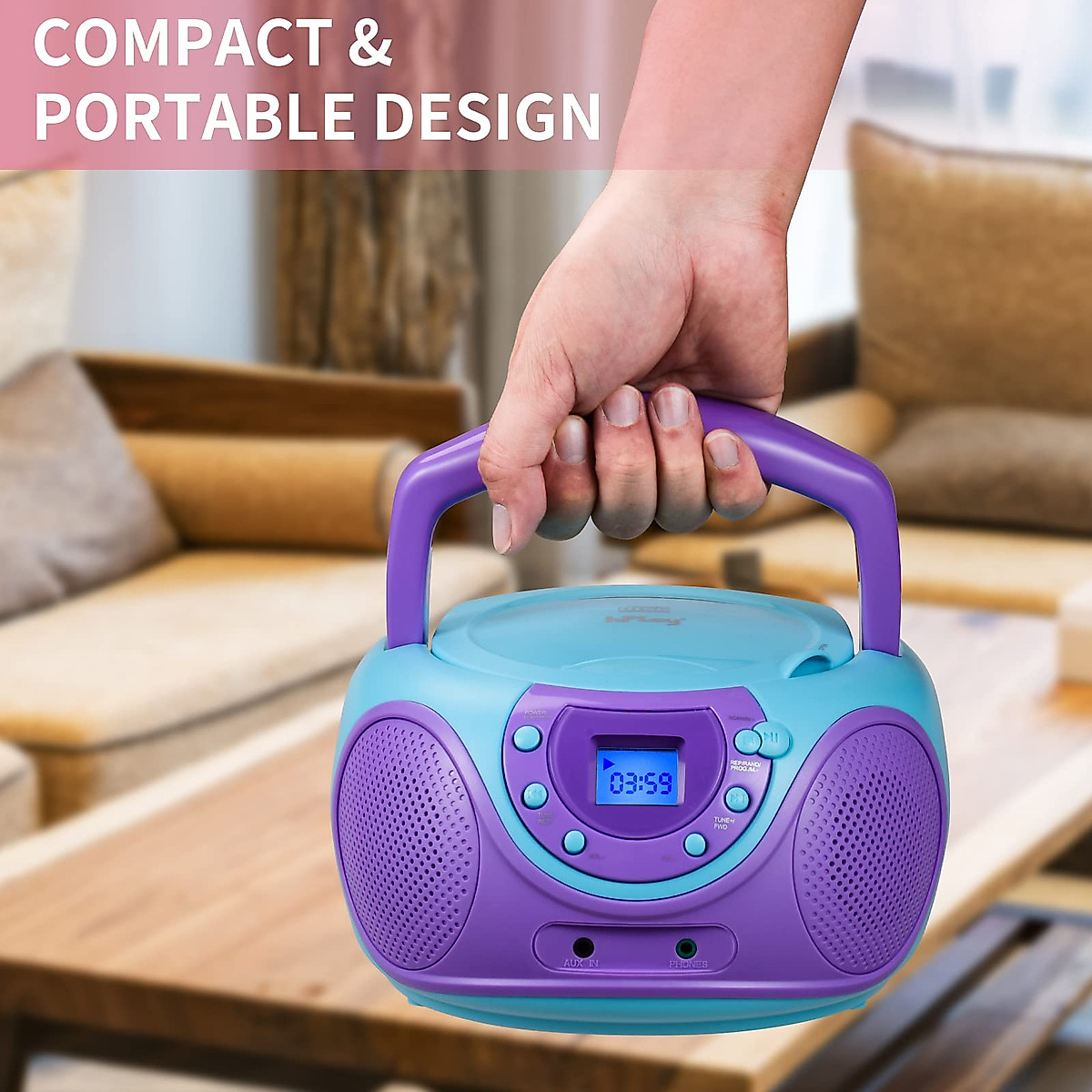 hPlay Gummy P16 Portable CD Player Boombox AM FM Digital Tuning Radio, Aux Line-in, Headphone Jack, Foldable Carrying Handle (Violet)